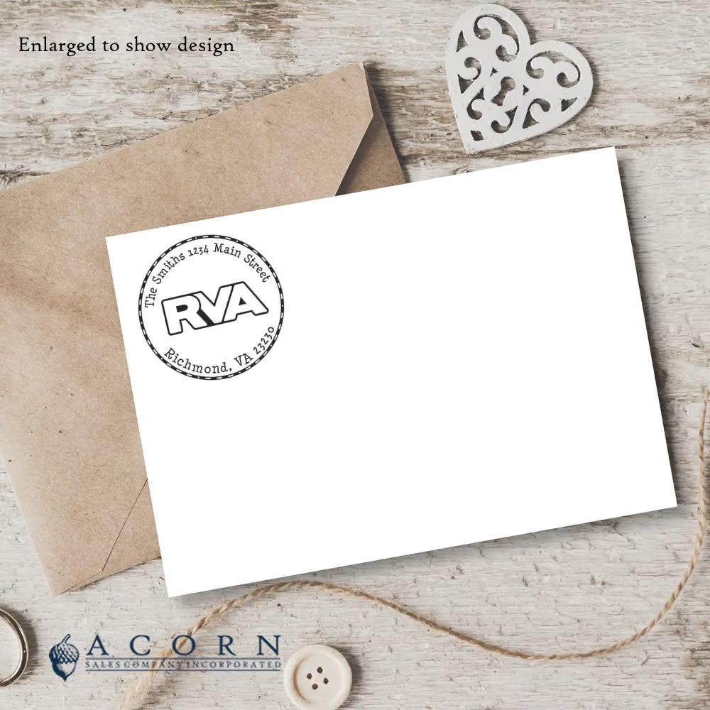 Self Inking Round RVA Logo Address Stamp - Acorn Stamps - Medium