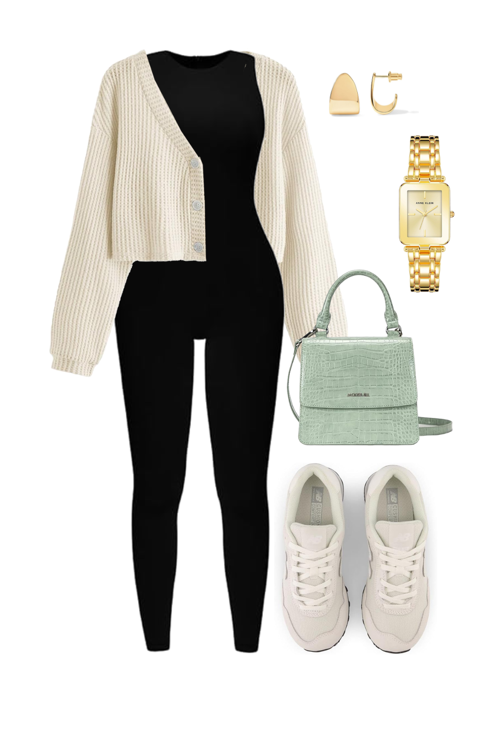 The Perfect Trio of Crop Cardigan, Black Jumpsuit and New Balance for ...