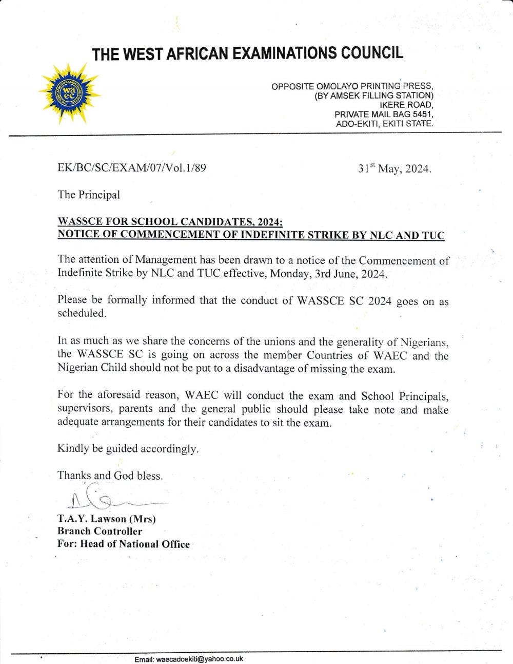 WAEC Exams Continues despite proposed NLC, TUC industrial strike — Rivers State Ministry of ...