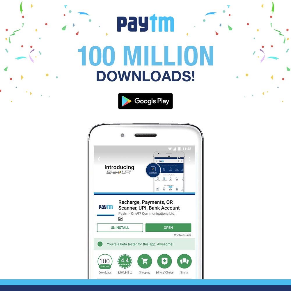 Paytm becomes India’s first payments app to cross 100 Mn downloads on Play Store | by Paytm ...