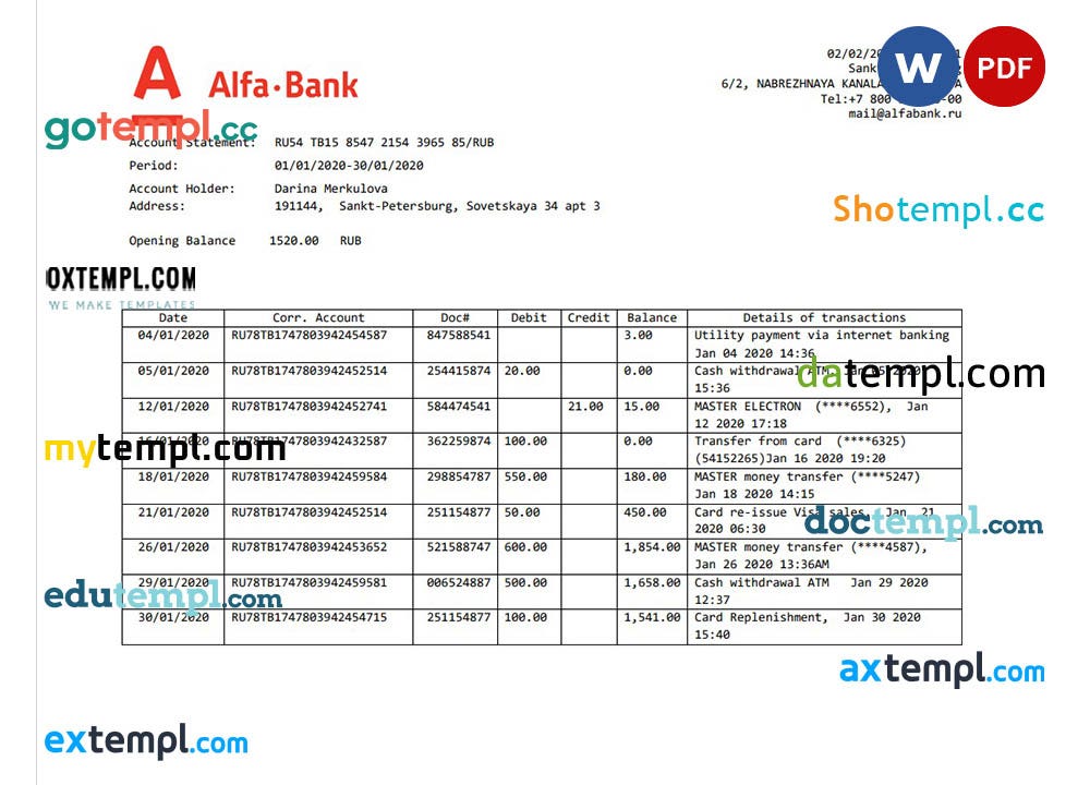 Russia Alfa bank proof of address statement template in Word and PDF format - Doctempl - Medium
