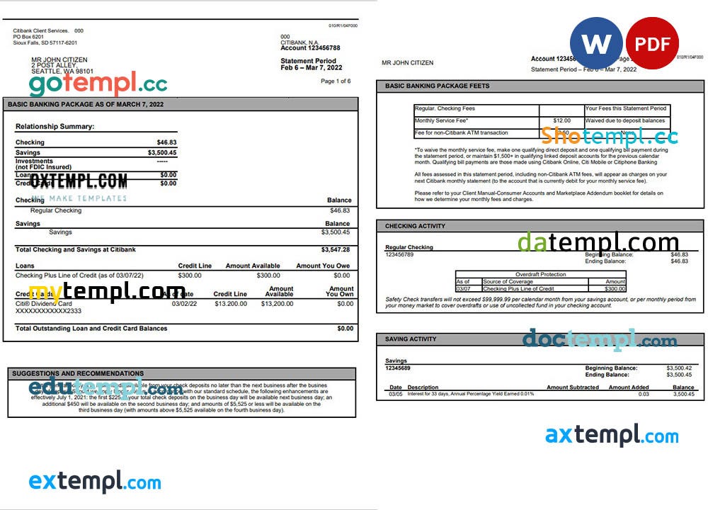 sample Australia Citibank bank statement easy to fill template in Excel and PDF format download ...