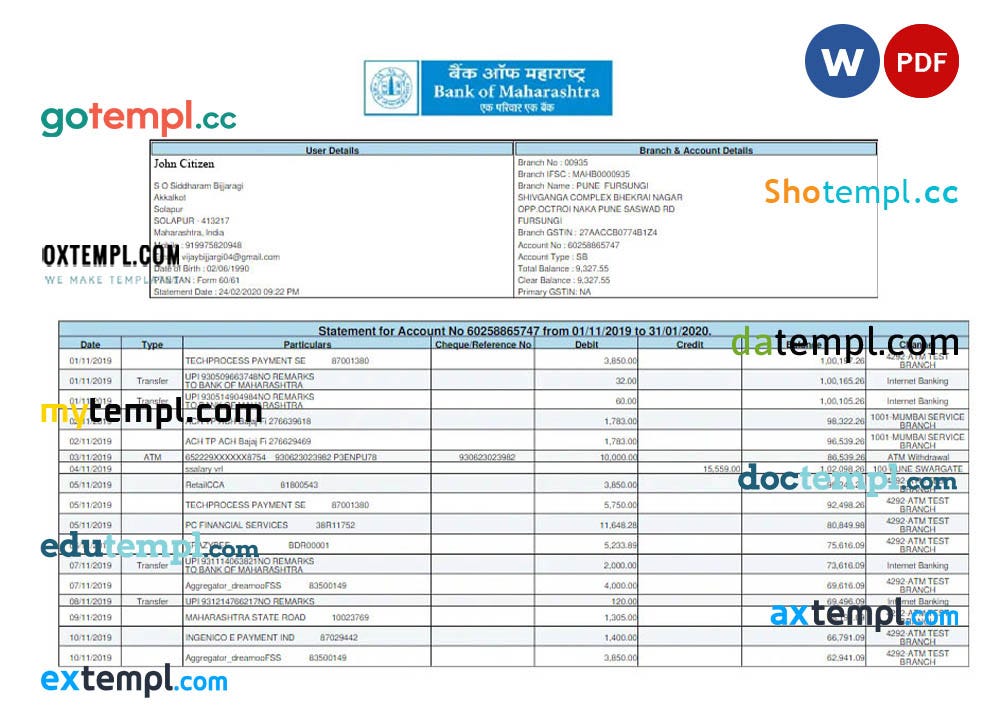 INDIA BANK OF MAHARASHTRA bank statement Word and PDF template | by ...