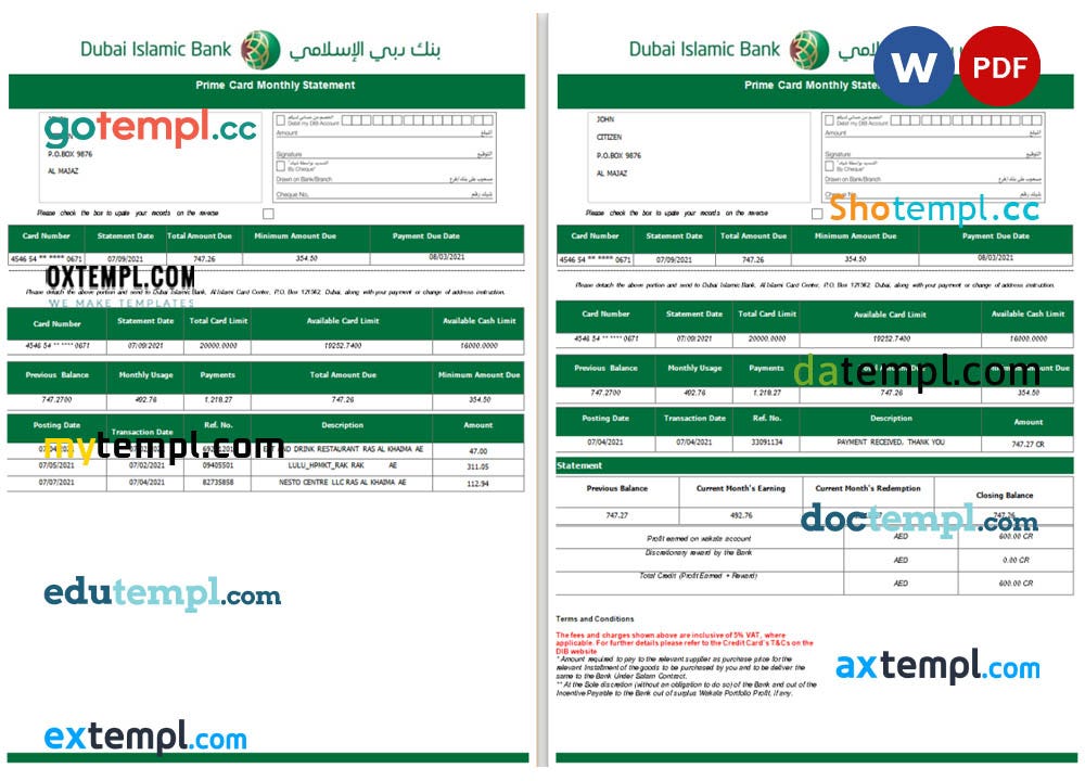 UAE Dubai Islamic Bank statement Word and PDF template, 3 pages | by ...