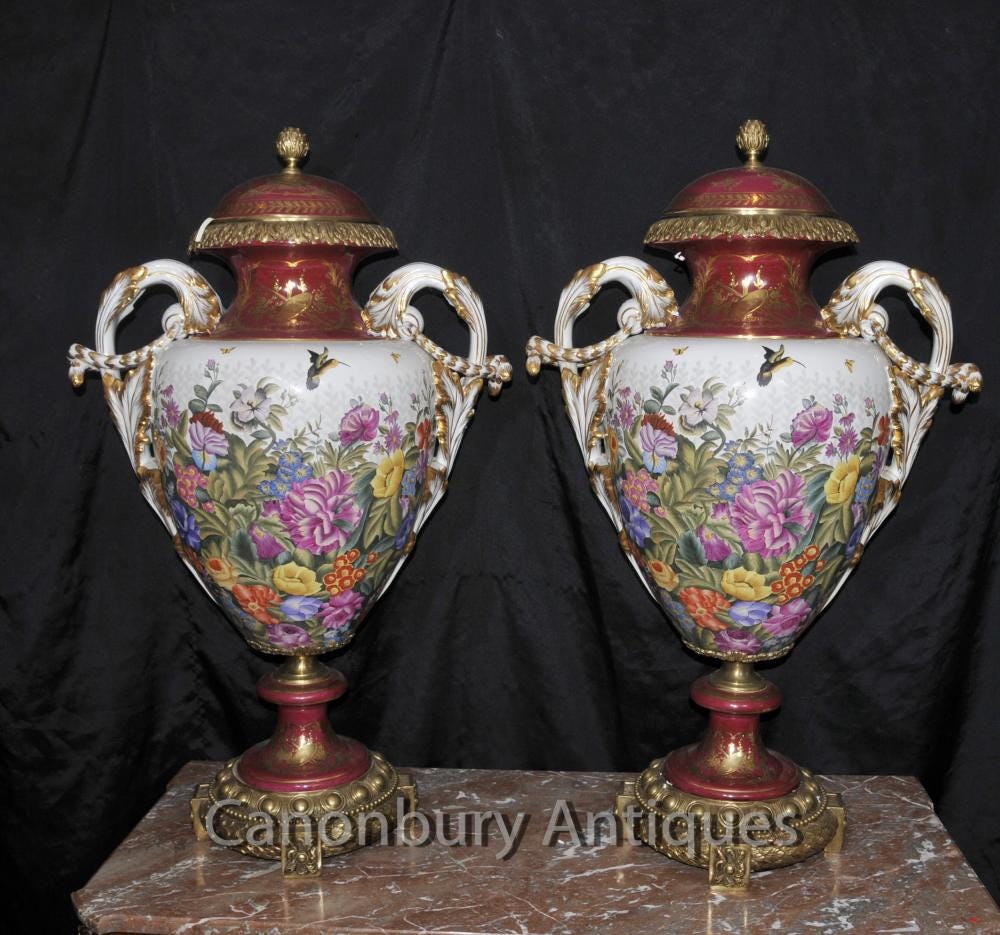 Pair Big Sevres Porcelain Urns Tropical Floral Spray French Vases | by ...