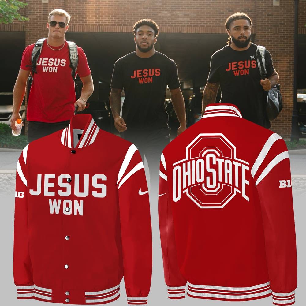 Ohio State JESUS WON 2024 Red Baseball Jacket | by Beebeosstore | Sep ...