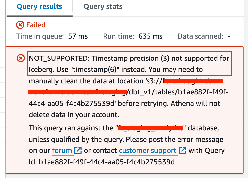 DBT-Athena: Iceberg: NOT_SUPPORTED: Timestamp precision (3) not supported for Iceberg. Use ...