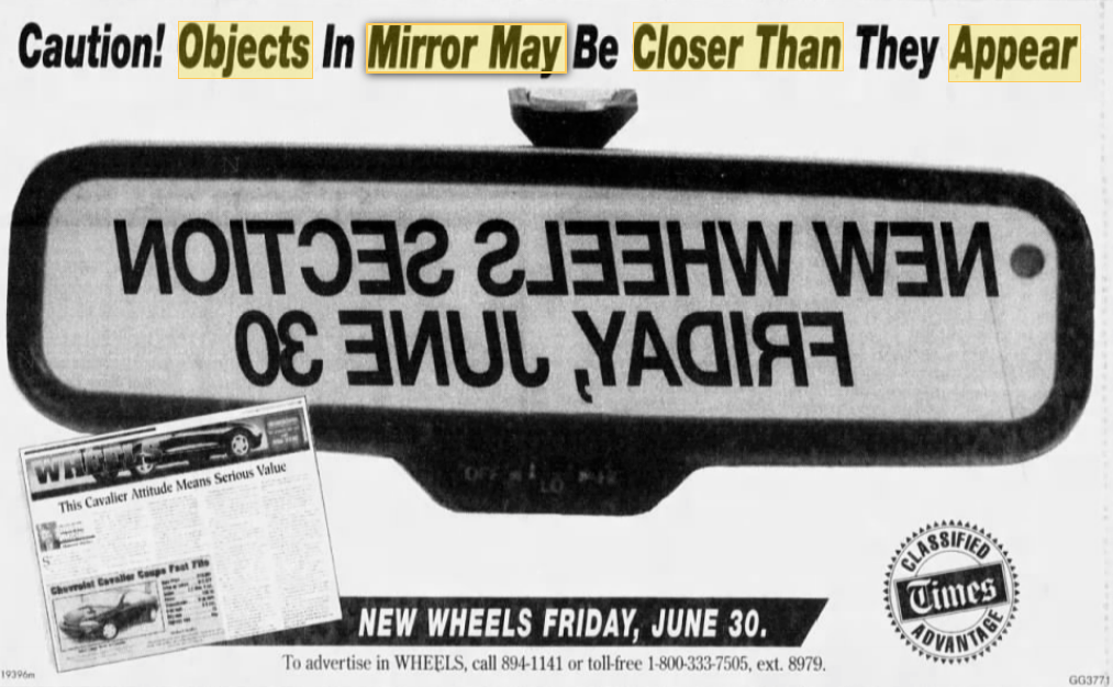 “Objects in mirror MAY BE closer than they appear” / “Objects in mirror ...