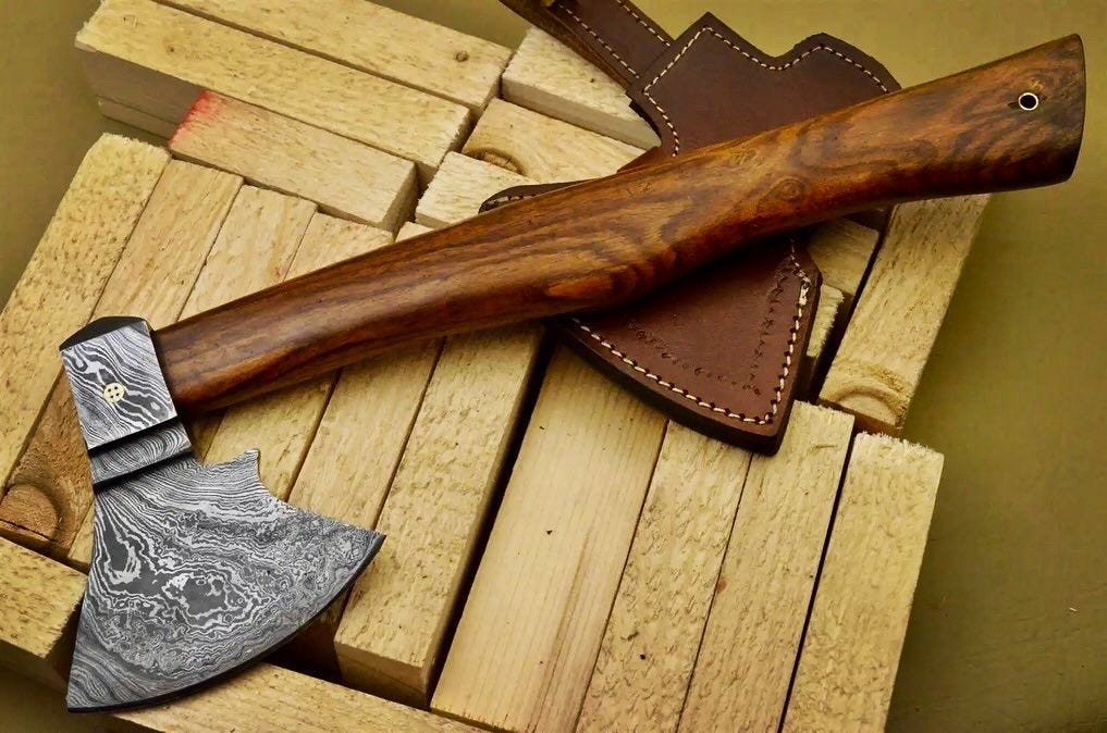 CUSTOM MADE DAMASCUS AXE — ROSE WOOD HANDLE | by Knifecraftsmen | Medium