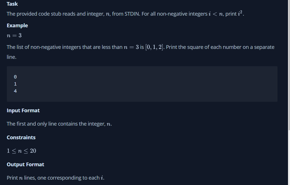 Print the square of each number on a separate line - 1998iscoding - Medium