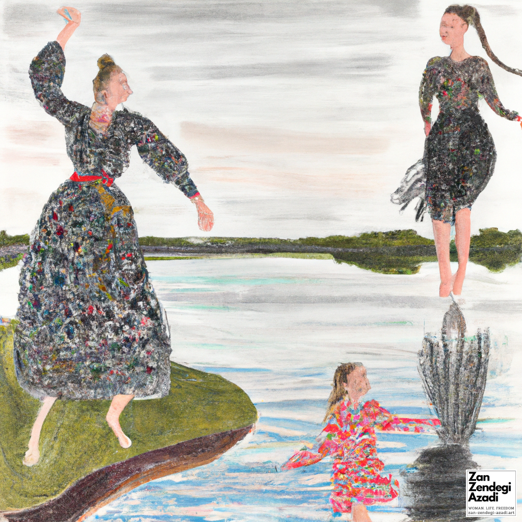 Two women and one child Dancing Lake in Pollock style - Zan Zendegi ...