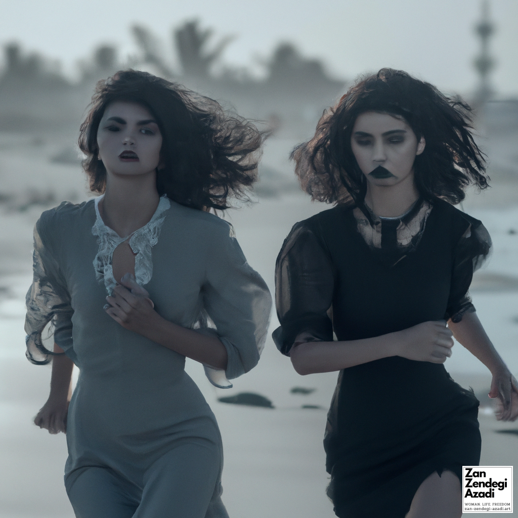 Two women Running Beach in Gothic style - Zan Zendegi Azadi - Medium