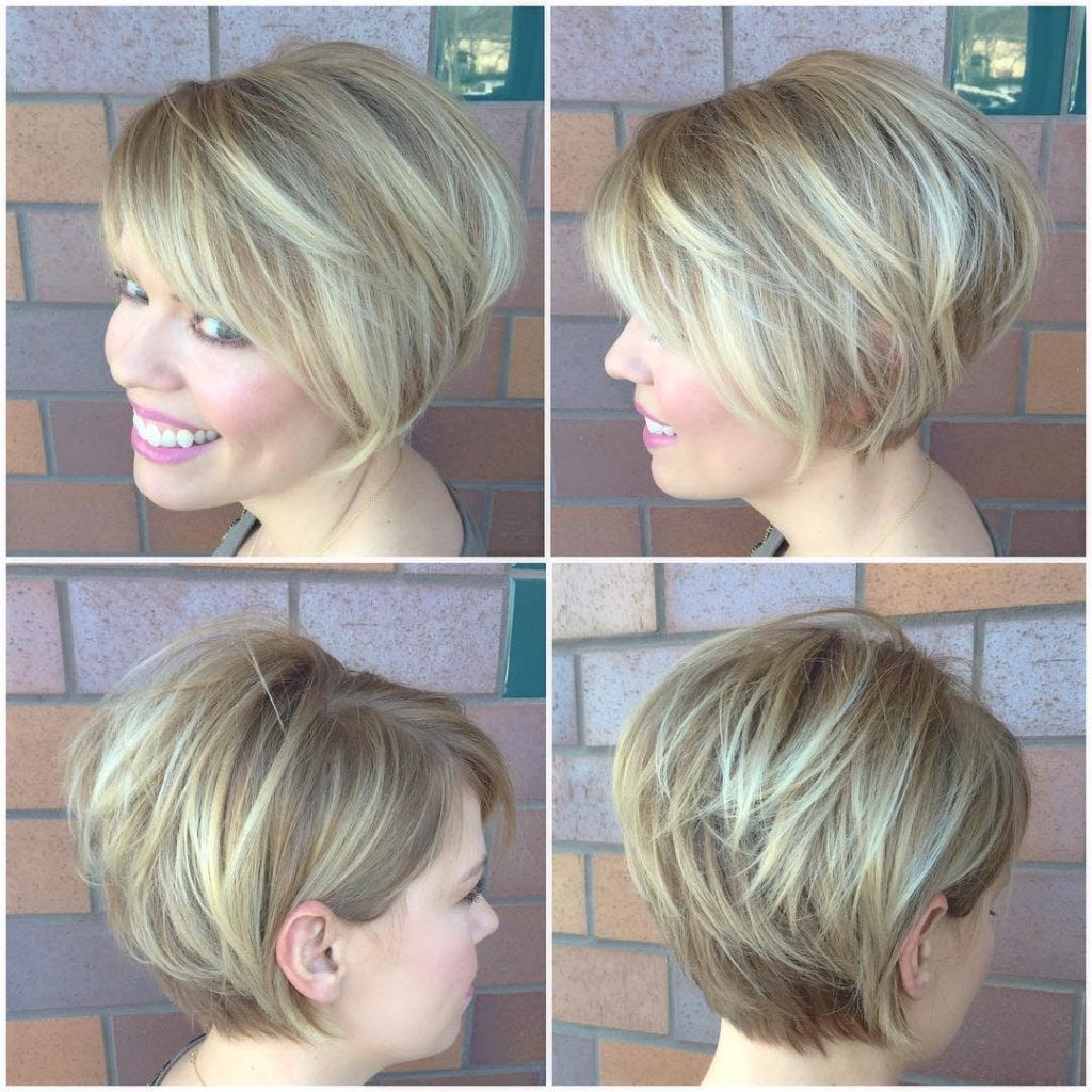 Blonde Stacked Bob With Side Swept Bangs And Highlights By Hairstyleology Medium