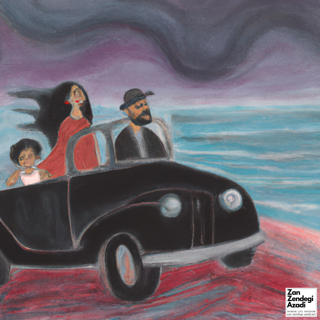 One woman, one man, and one child Driving a car Sea in Expressionism ...