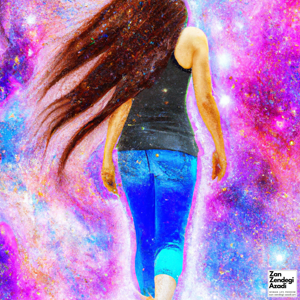 One woman Walking Galaxy in Pollock style - Zan Zendegi Azadi - Medium