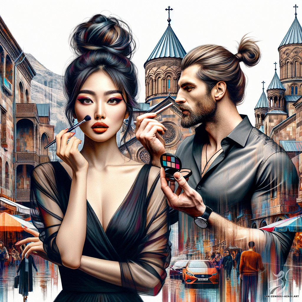 One woman and one man Applying makeup Street in Cubism style - Zan ...