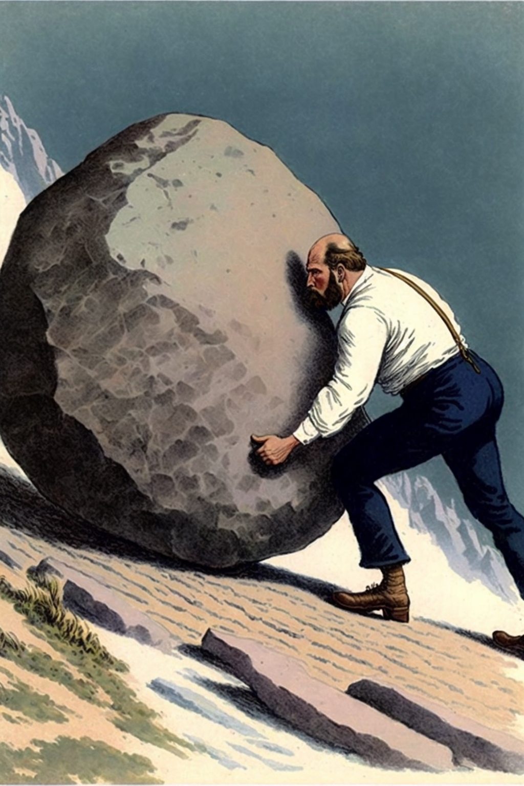 Man Pushing Rock Up Hill