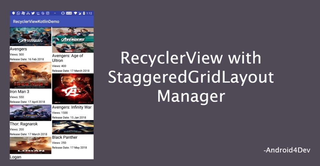 Recyclerview using Staggered Grid Layout Manager | by Lokesh Desai | Android4Dev | Medium