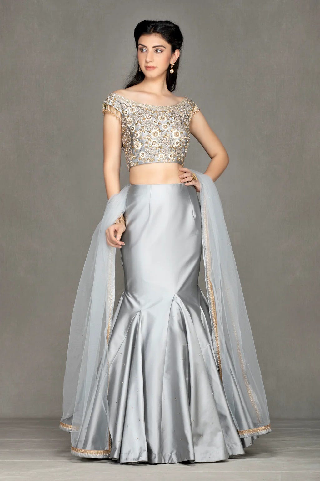 Designer Fish Cut Grey Lehenga. Fish cut lehenga is a contemporary take ...