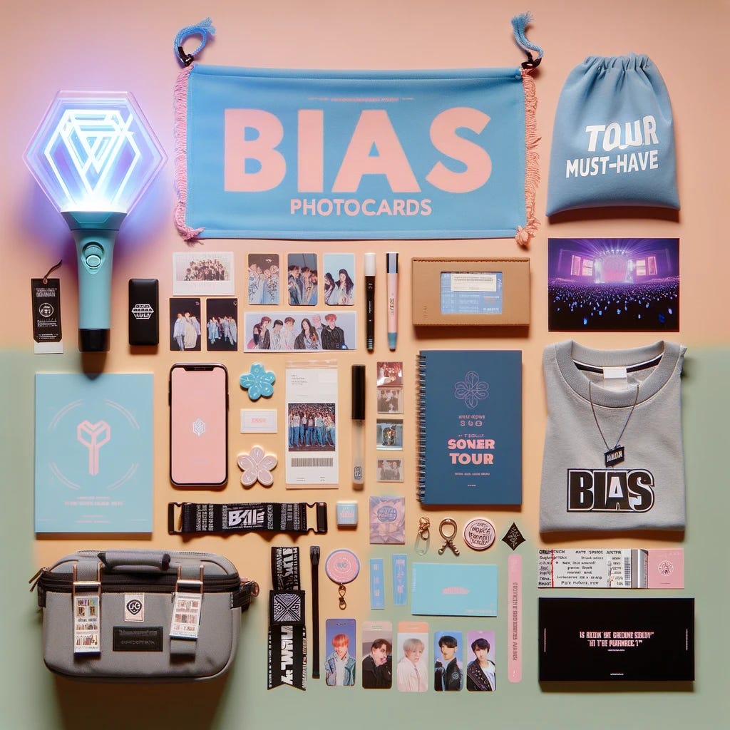 It visualizes a K-pop fan’s perfectly packed tour kit, matching your ...