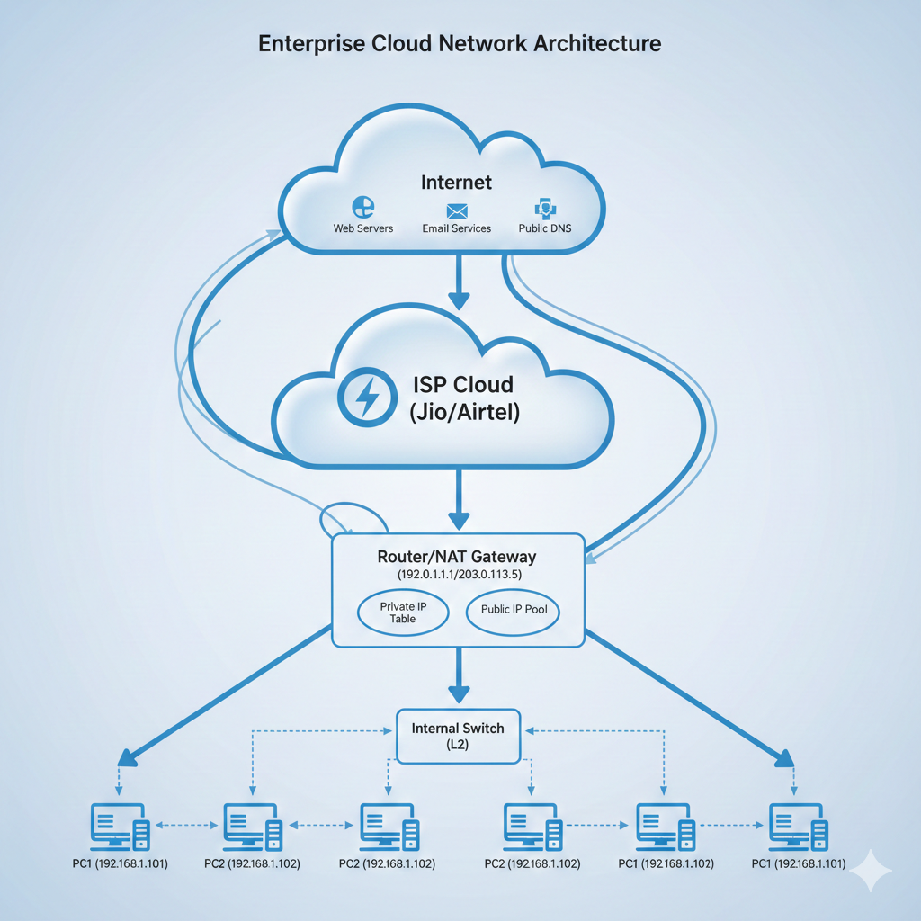 How employee systems connect to the internet through router and ISP ...