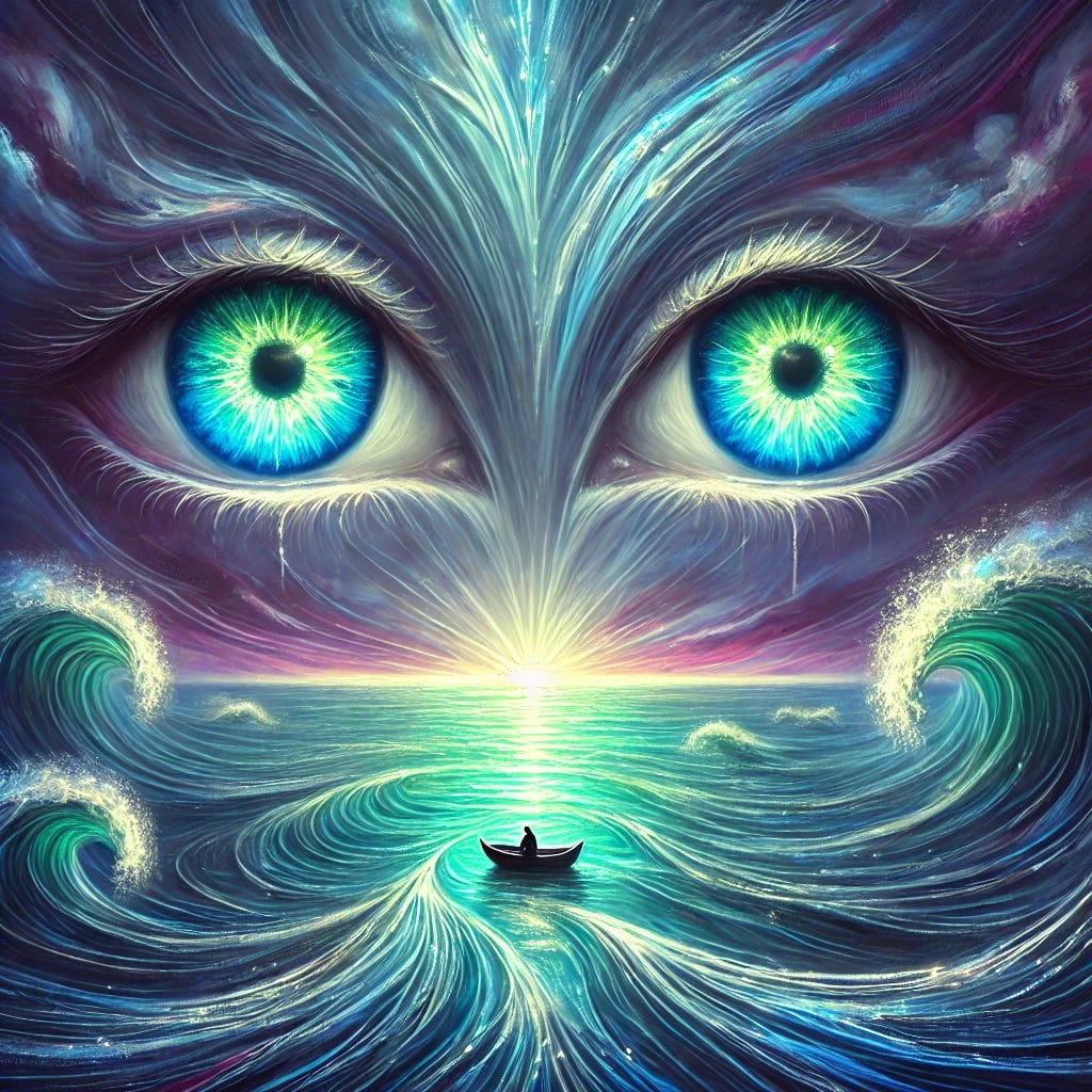 The eyes of the ocean The ocean stares — a restless eye, where suns are born, where echoes die ...