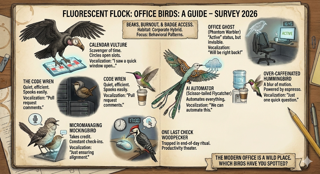 Fluorescent Flock: A Field Guide to Office Birds (2026) | A Taste for Life