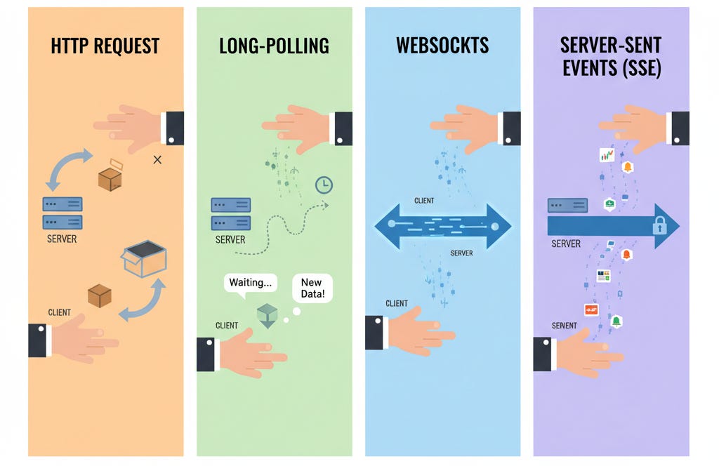 HTTP vs. Long-Polling vs. WebSocket vs. SSE | Stackademic