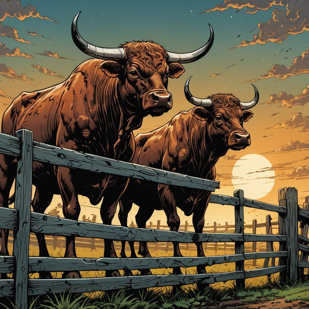 More Than A Couple of Old Bulls. A couple of fellows minding their P’s ...