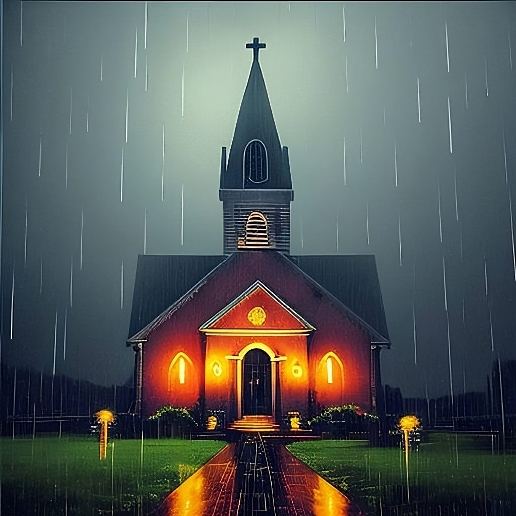 A Rainy Night Inside a Church. A torrential and deafening rain falls ...