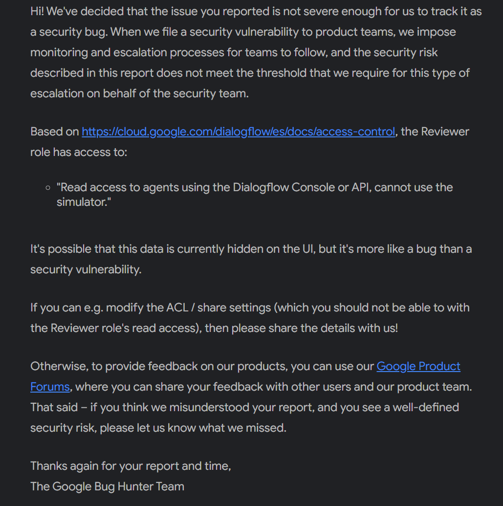 A Business logic error in Google Dialogflow enables a developer to delete the agent directly ...