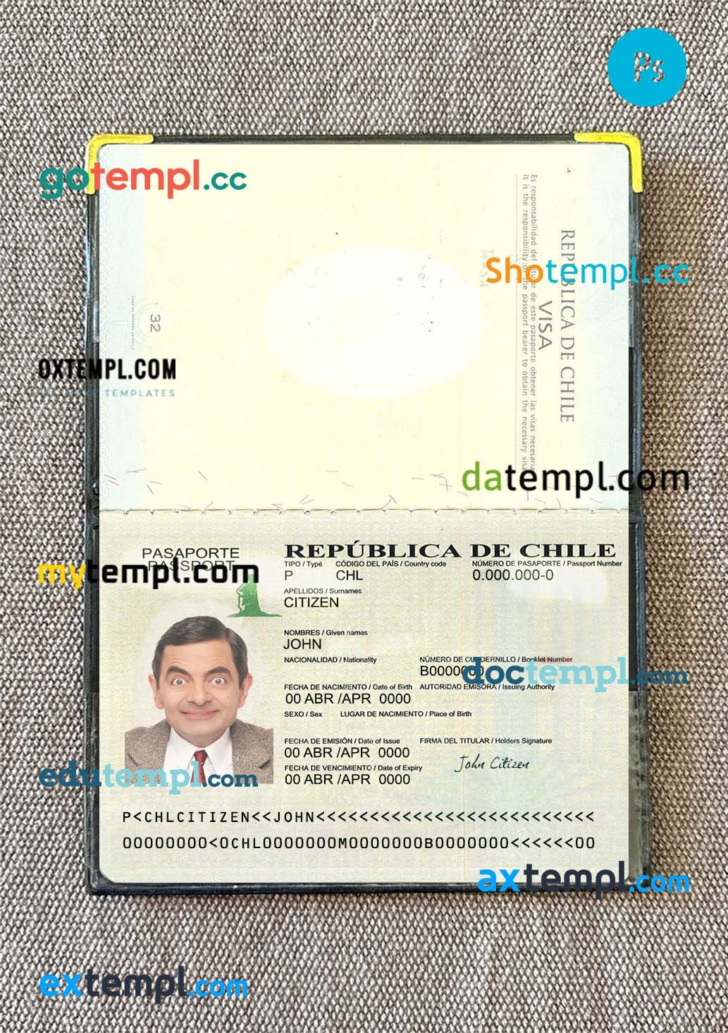 sample Chile passport editable PSDs, scan and photo-realistic snapshot ...
