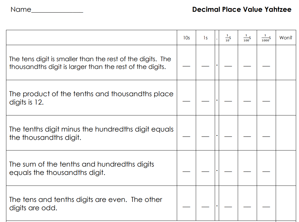 5th Grade Decimal Place Value Yahtzee — A Free Resource from ...