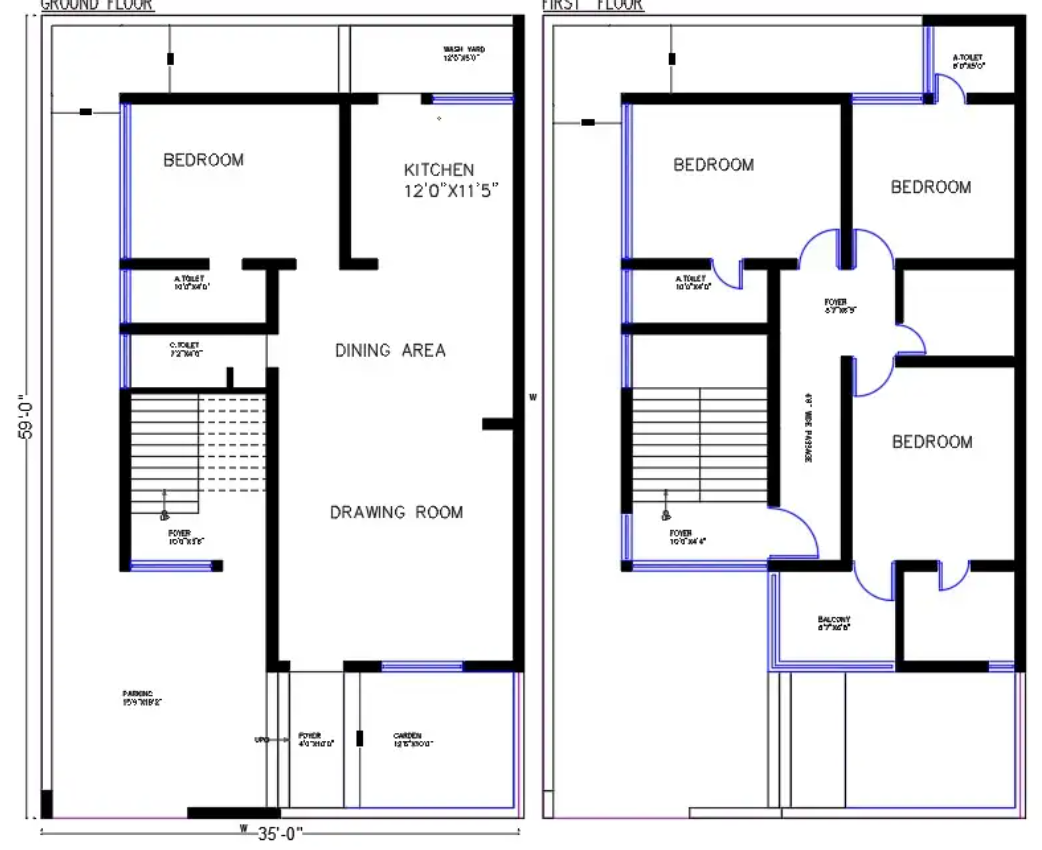 60X35 Feet House Layout Plan - Cadbull - Medium
