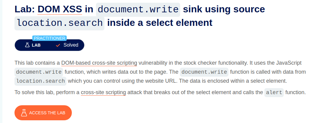 DOM XSS in document.write sink using source location.search inside a select element - CJ007 - Medium