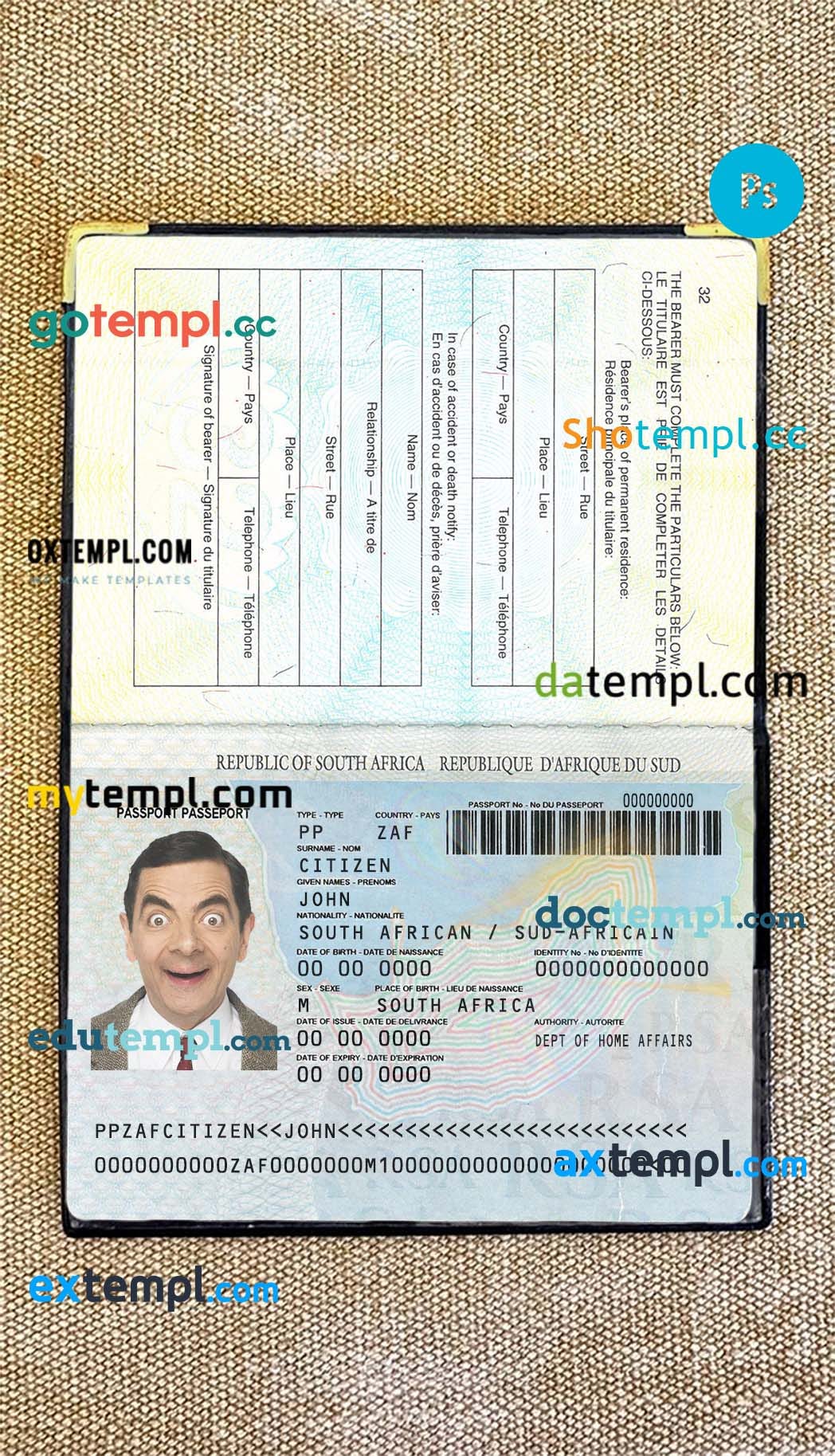 Sample South Africa Passport Editable Psd Files Scan And Photo Look Templates 2 In 1 Download