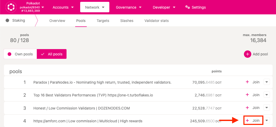 How to join Polkadot Nomination Pools DOT via polkadot.js | by Amforc AG | Medium