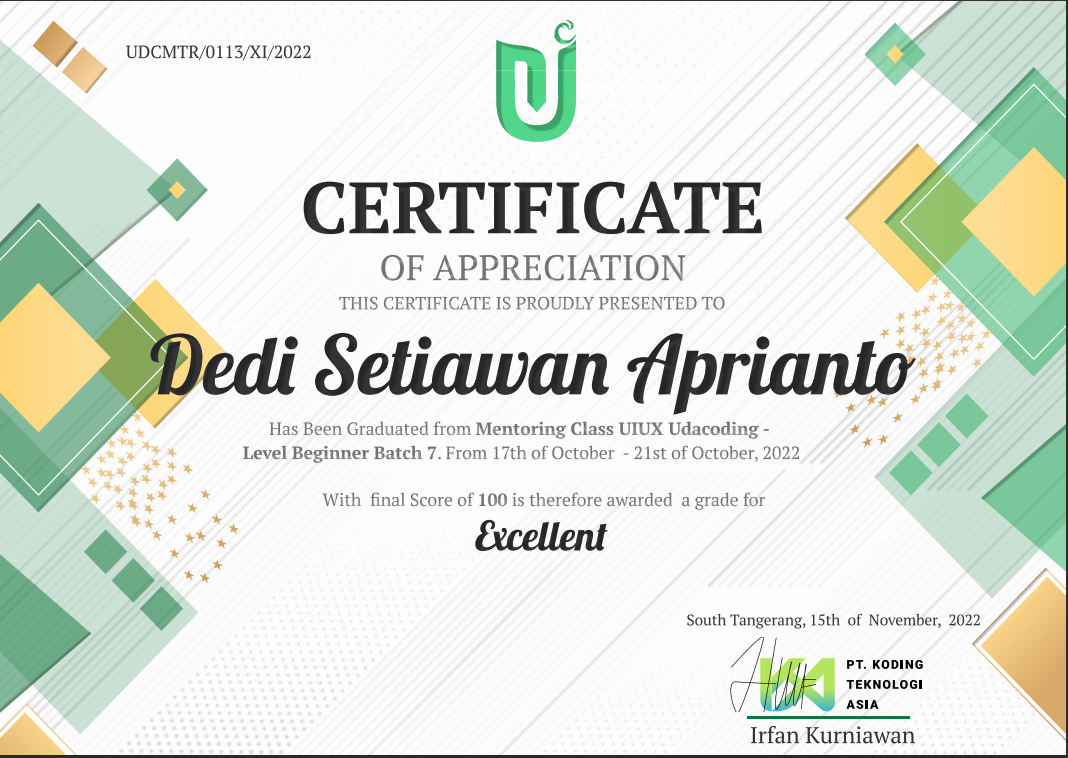 Certificate - Dedi Setiawan Aprianto - Medium