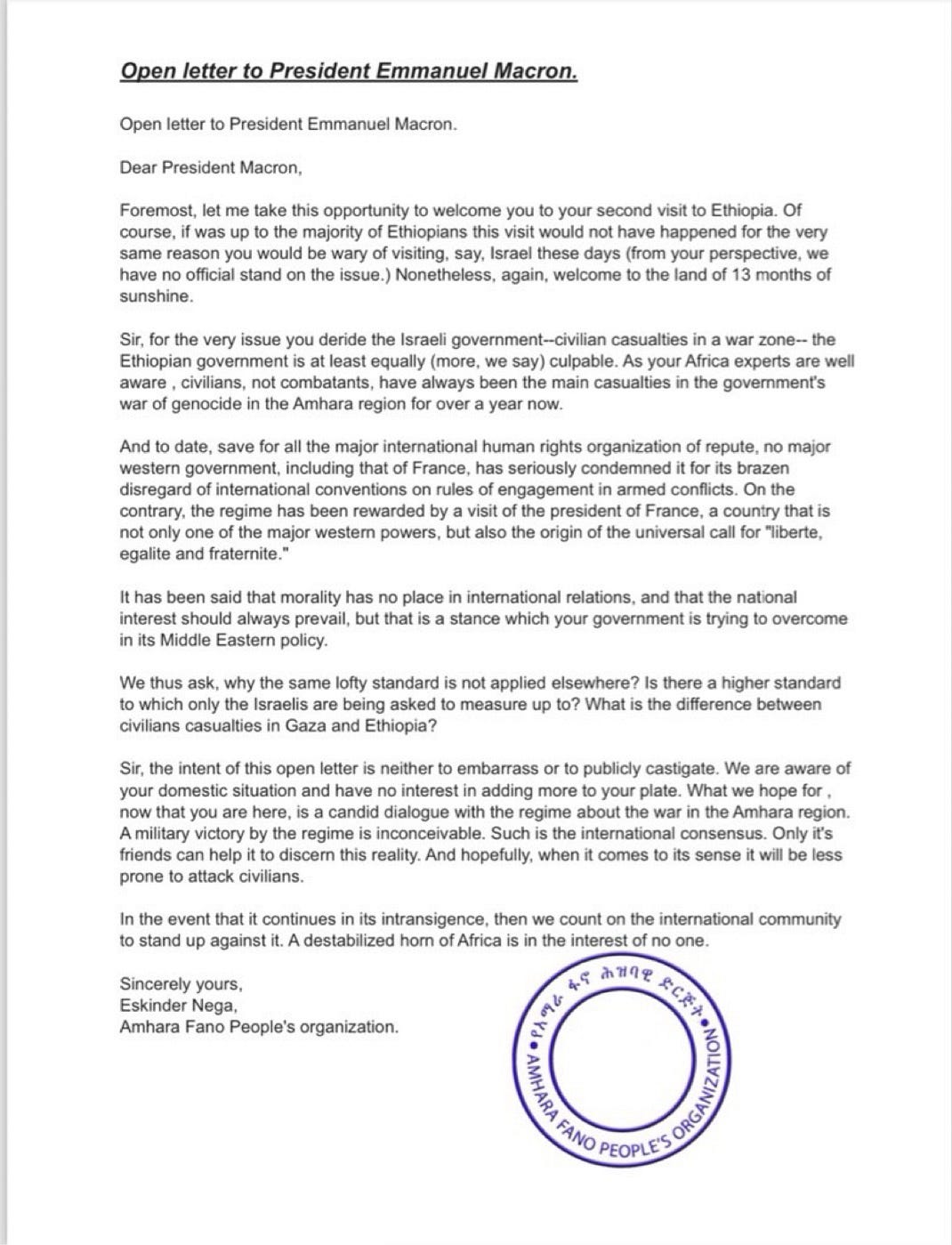 Open letter to President Emmanuel Macron. | by AmharaHQ | Medium