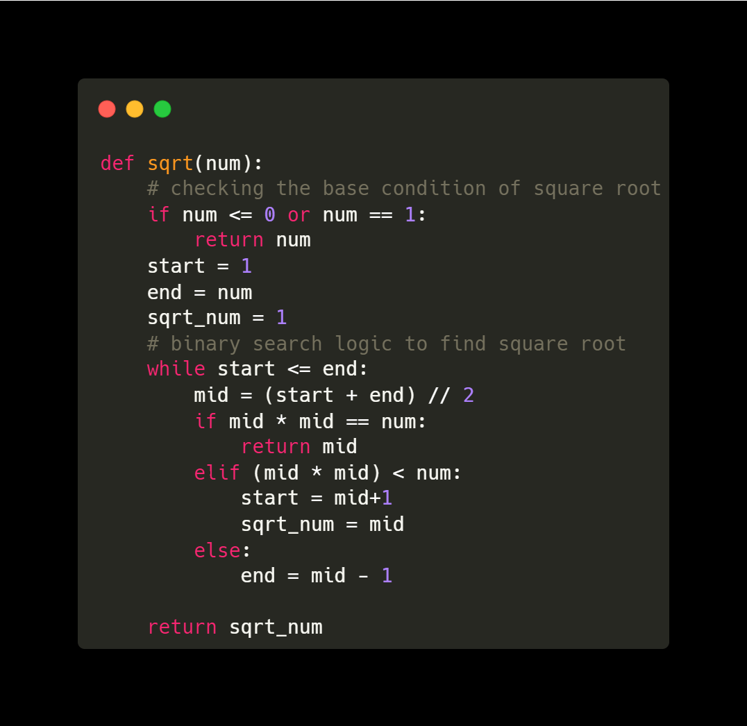 Find the square root of a positive number — Binary Search Algorithm ...