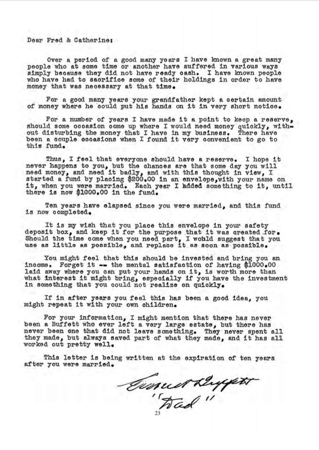 Age-old wisdom on the importance of emergency funds. A letter by Warren ...