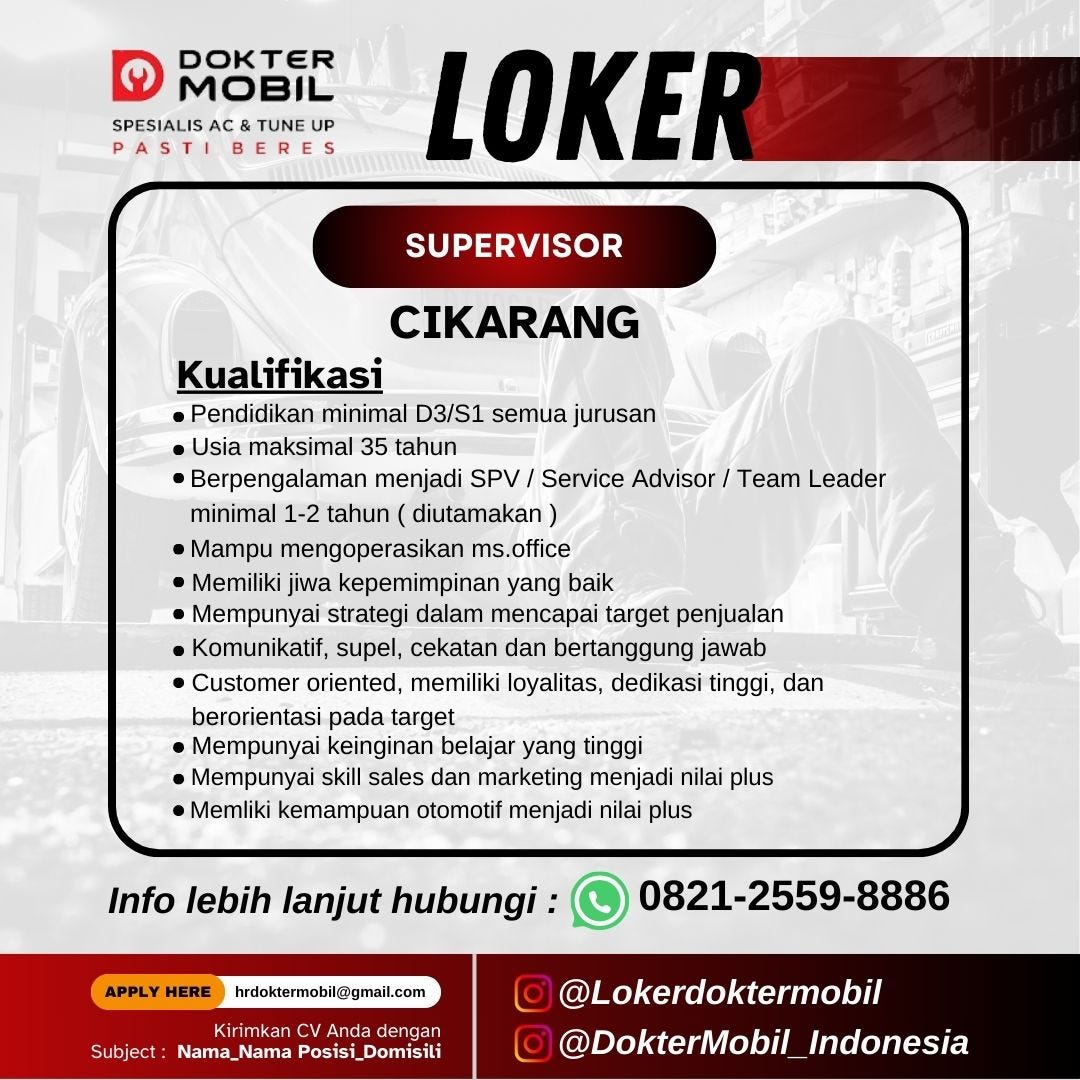 Butuh Loker Supervisor Mekanik Cikarang Terbaru - Loker Dokter Mobil ...