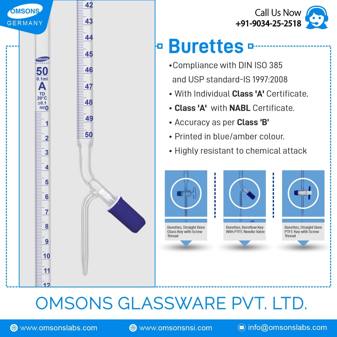OMSONS Glass Burettes - Omsons Glassware - Medium