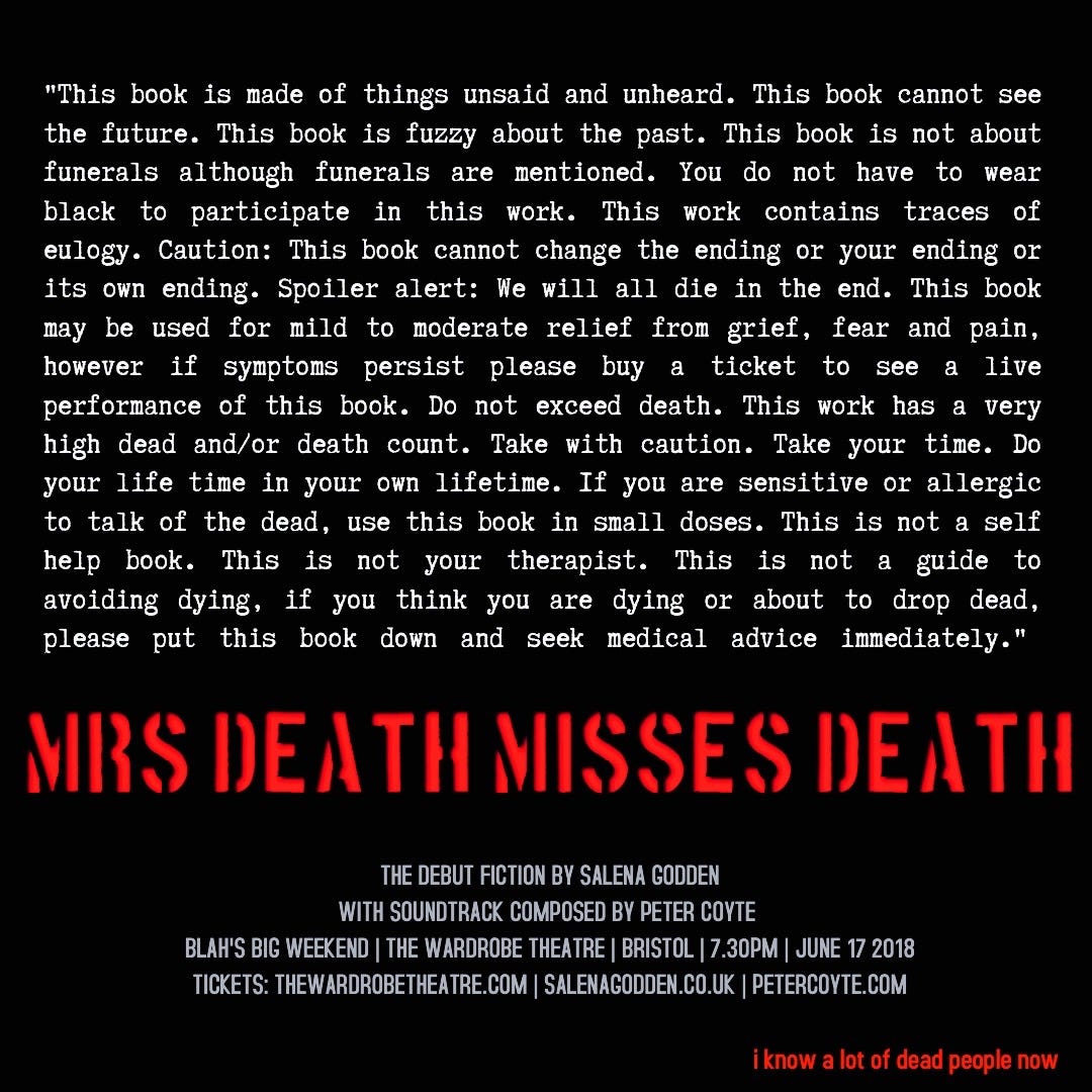 ‘Mrs Death Misses Death’ at Blah’s Big Weekend | by Salena Godden | Medium