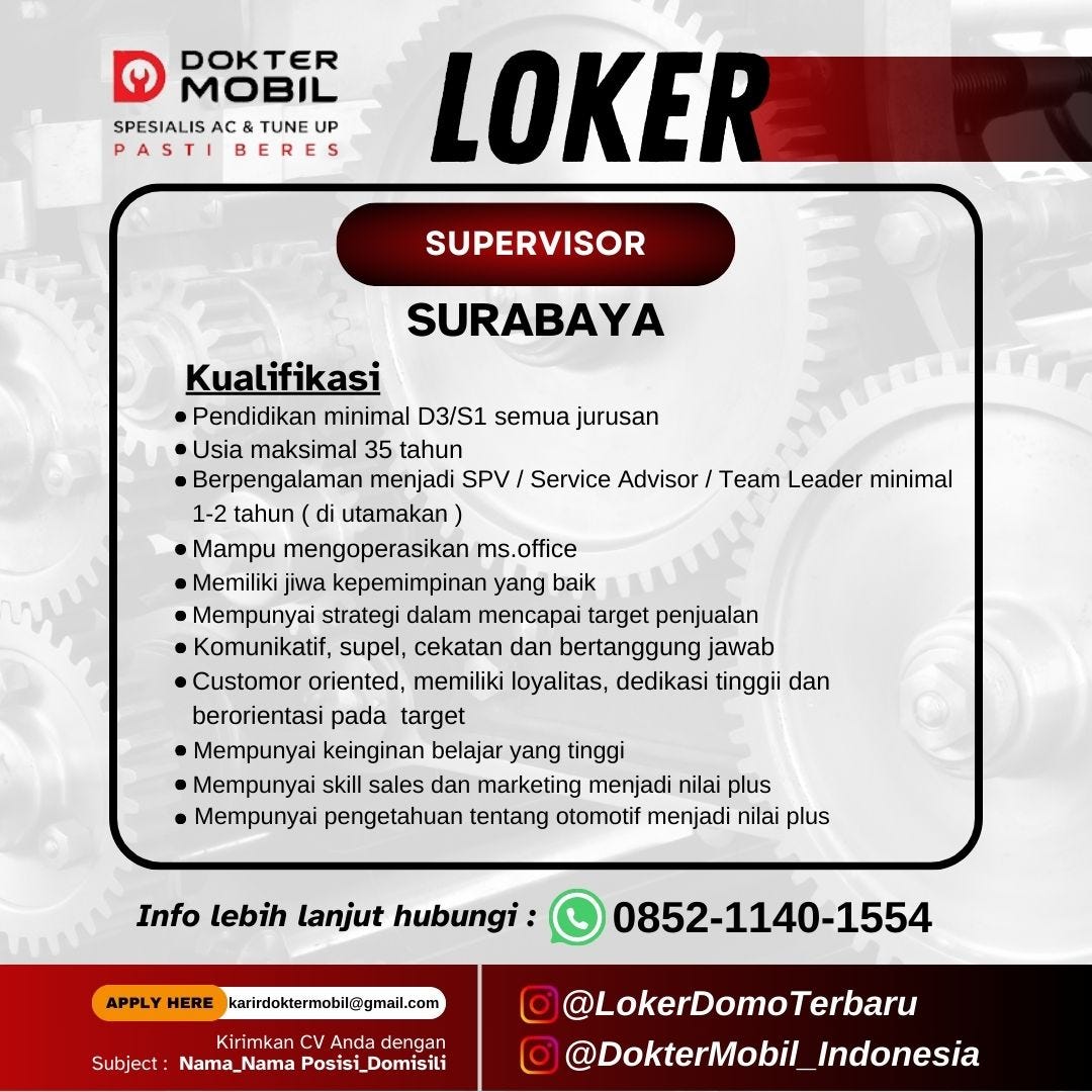 TERBARU!! Loker Lowongan Kerja Supervisor Otomotif 2024 di Surabaya 2024, WA 0852–1140–1554 by ...