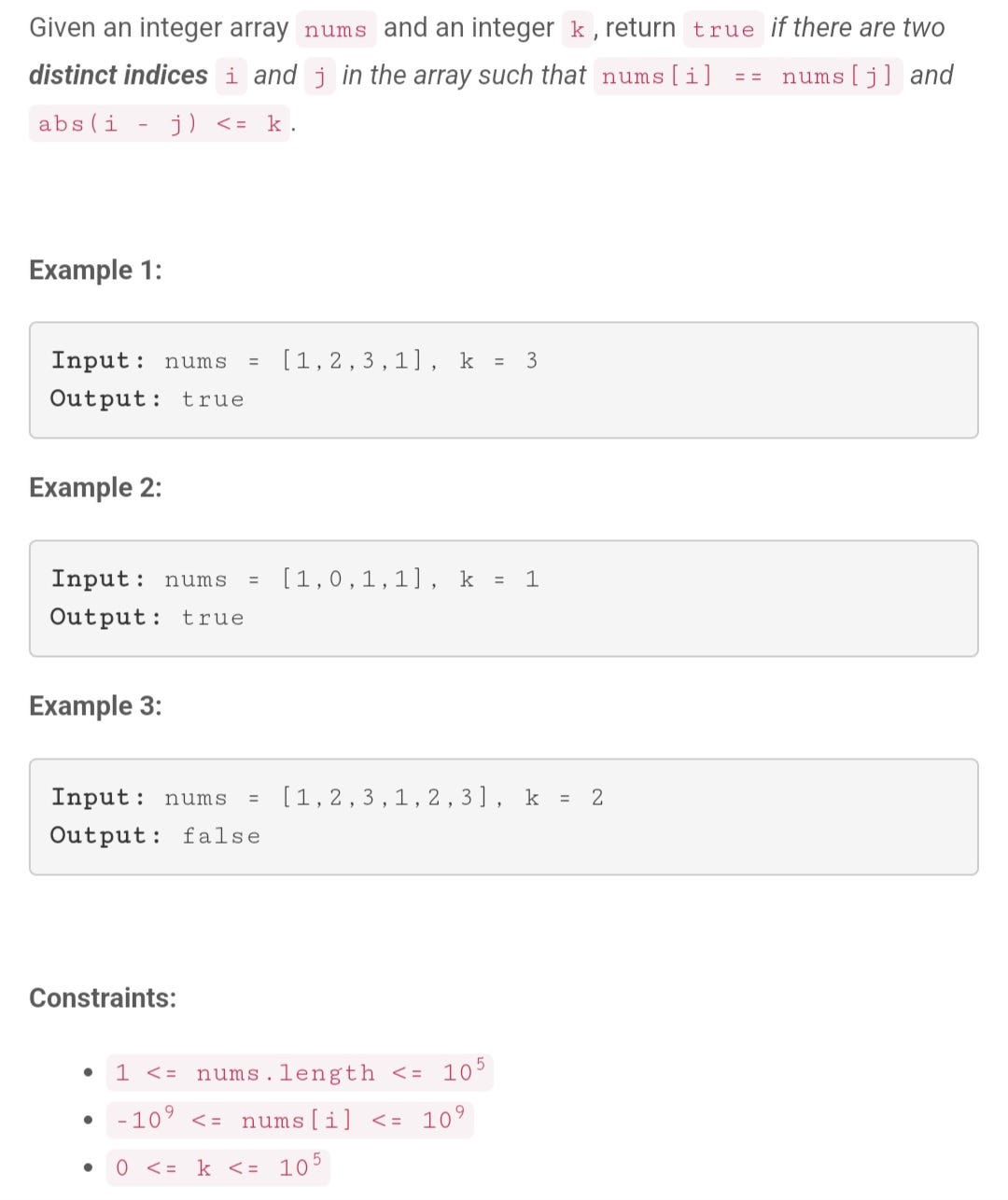 [Hash Table][Easy] 219. Contains Duplicate II - Mei1102 - Medium
