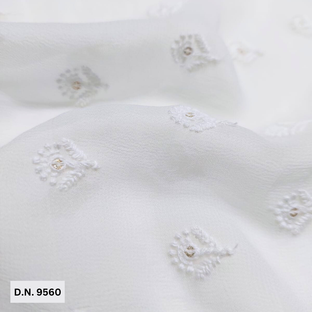 Small Motif Thread Work Embroidery on White Dyeable Viscose Georgette ...