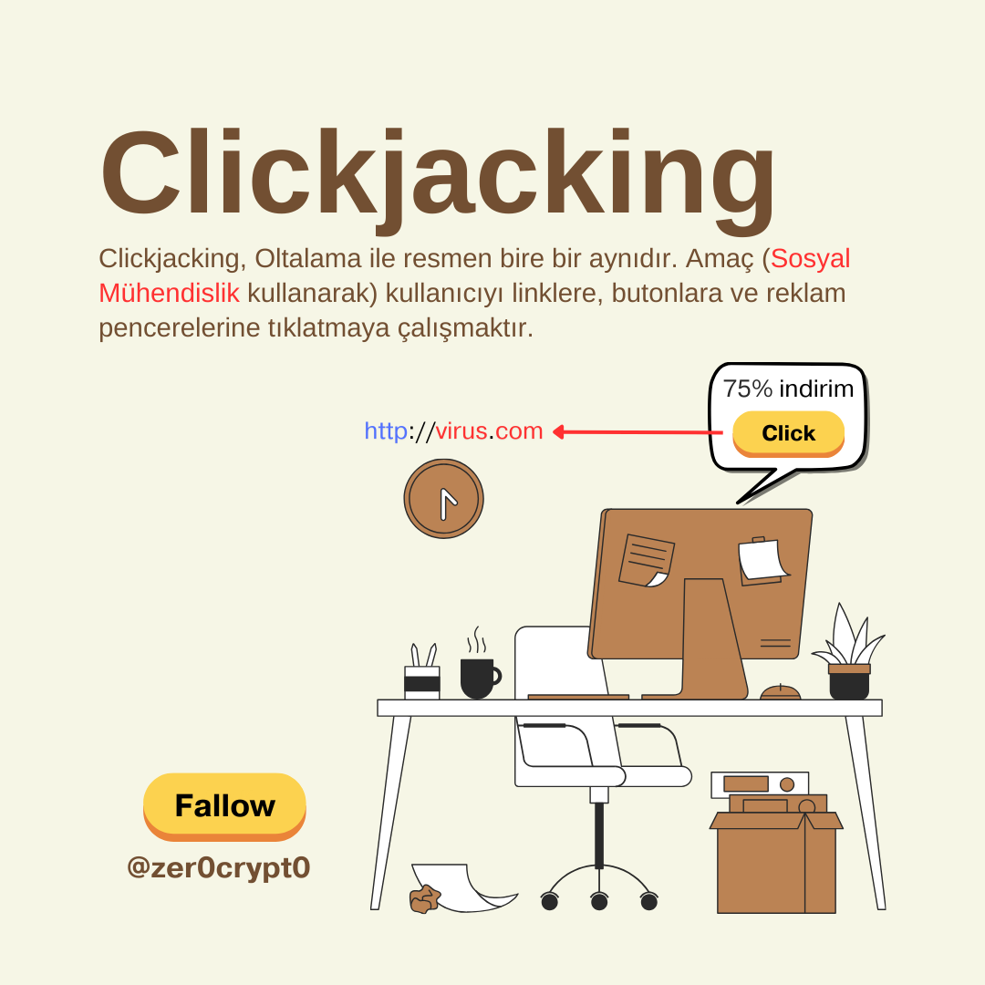 Clickjacking, kullanıcıları kötü niyetli bir şekilde kandırarak başka eylemler yapmalarını ...
