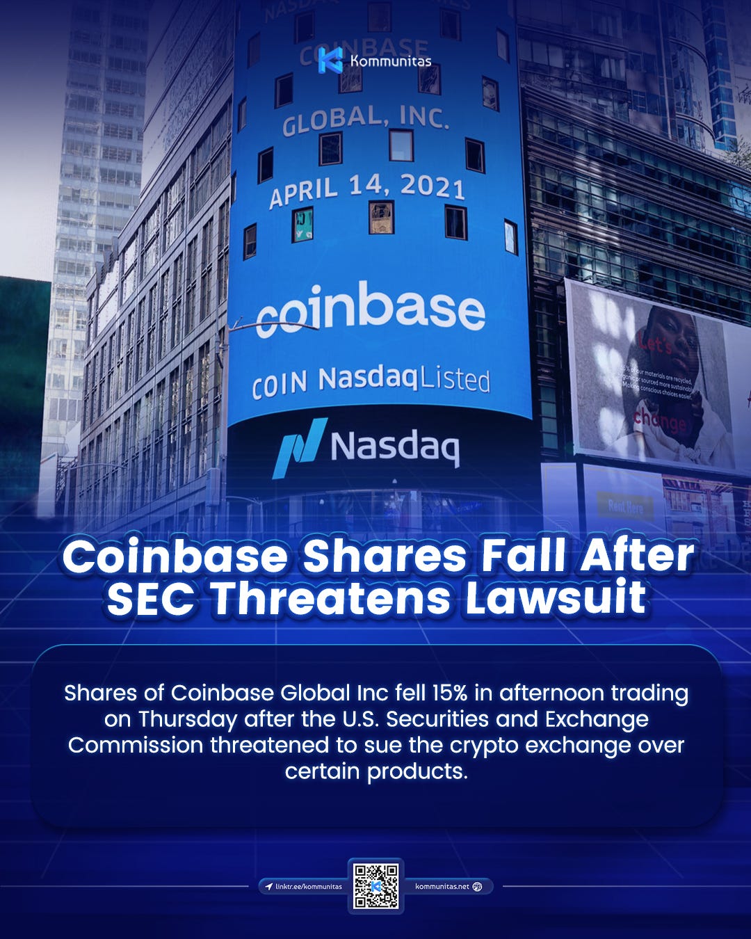 Coinbase Shares Fall After SEC Threatens Lawsuit | by Kommunitas ...
