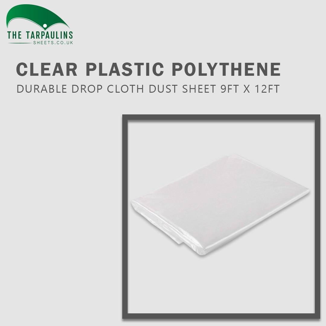 CLEAR PLASTIC POLYTHENE DURABLE DROP CLOTH DUST SHEET 9FT X 12FT ...